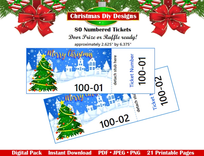 80 Numbered Tickets- Printable Christmas Door Prize Tickets, Printable ...