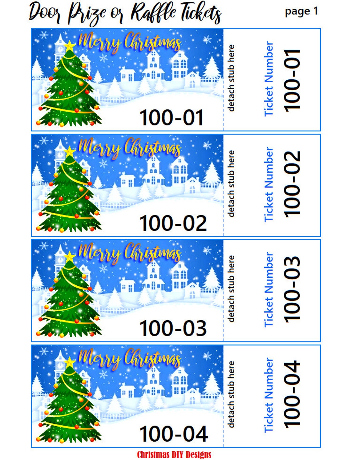 80 Numbered Tickets- Printable Christmas Door Prize Tickets, Printable ...