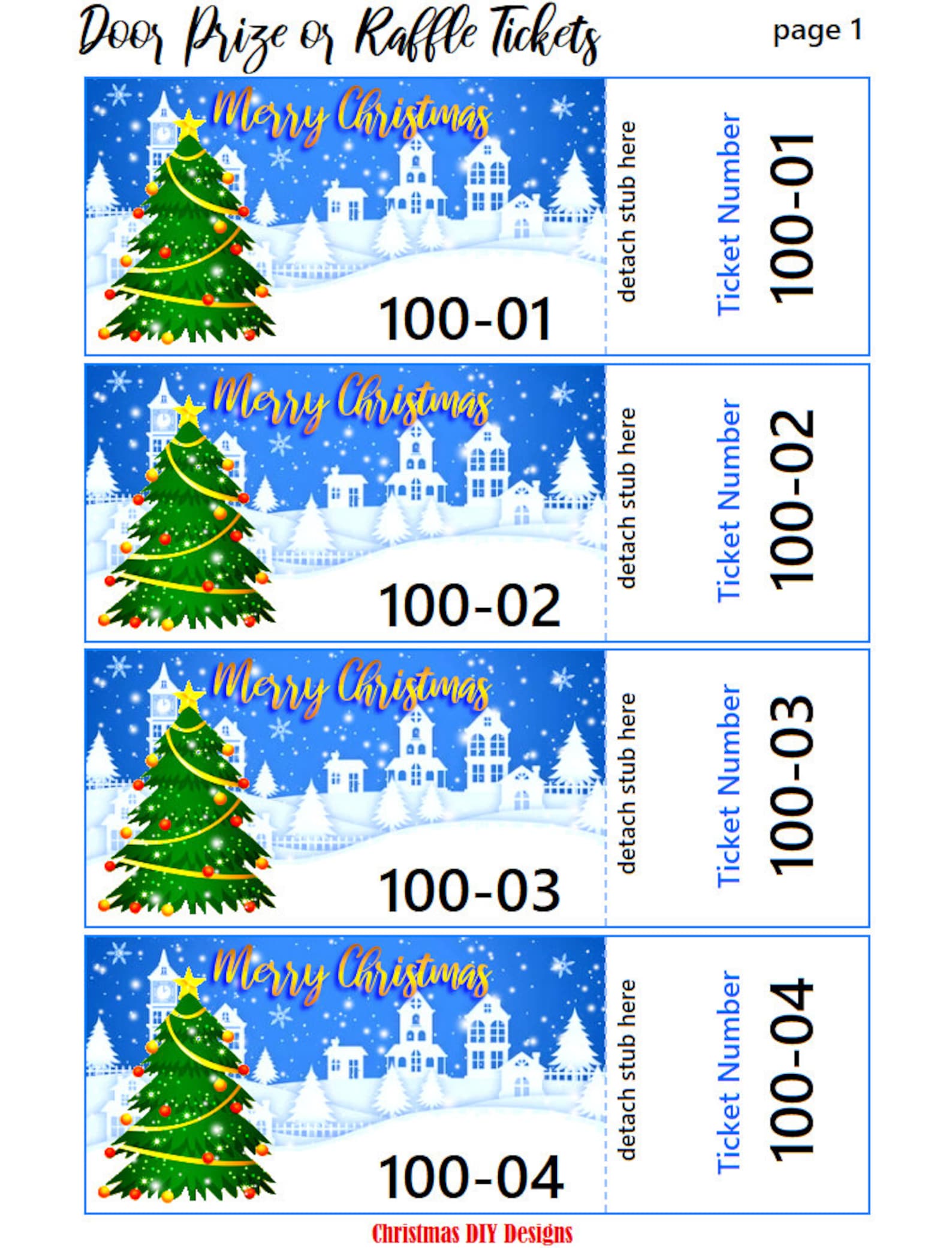 80 Numbered Tickets- Printable Christmas Door Prize Tickets, Printable ...