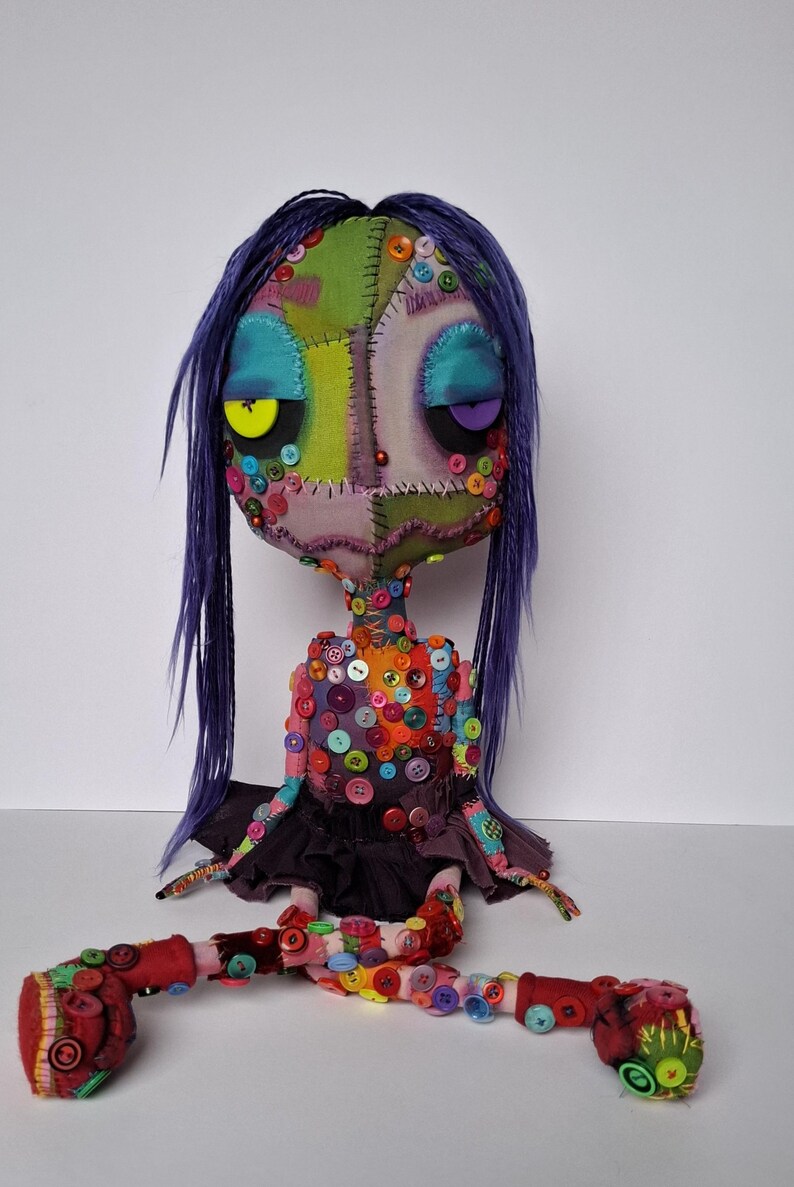 Handmade Button Art Doll – Embroidered Fabric, Wool Hair (63cm Long) - Etsy