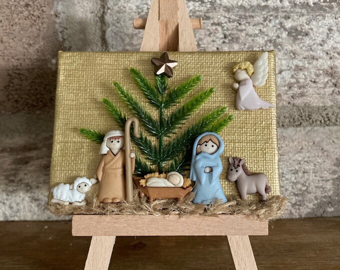 Mini Nativity on Canvas With Wooden Easel - Etsy