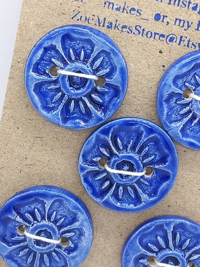 Blue Buttons Ceramic Handmade , Royal Blue Flower Buttons, Set of Blue ...