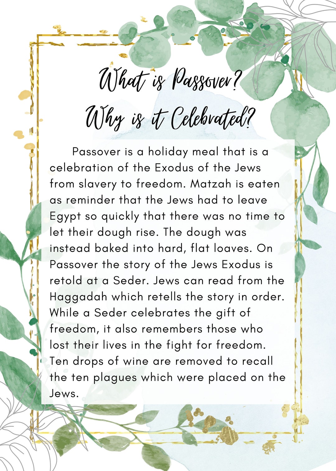 Passover Meaning Printable, Seder Information Sheet (PDF) - Etsy
