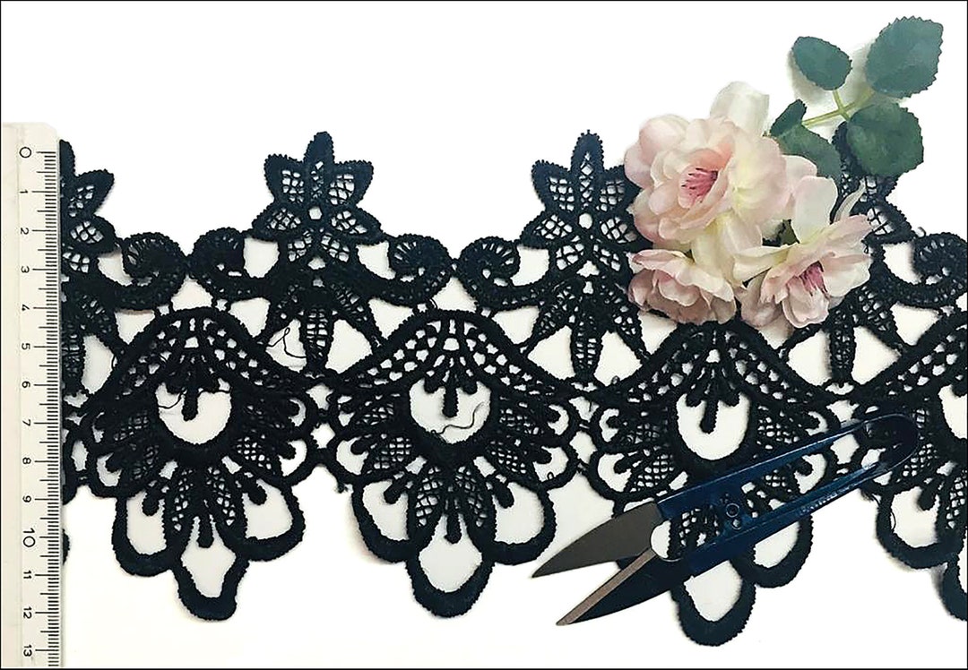 Black Statement Openwork Lace, Embroidered Vintage Look Scallop Edge ...