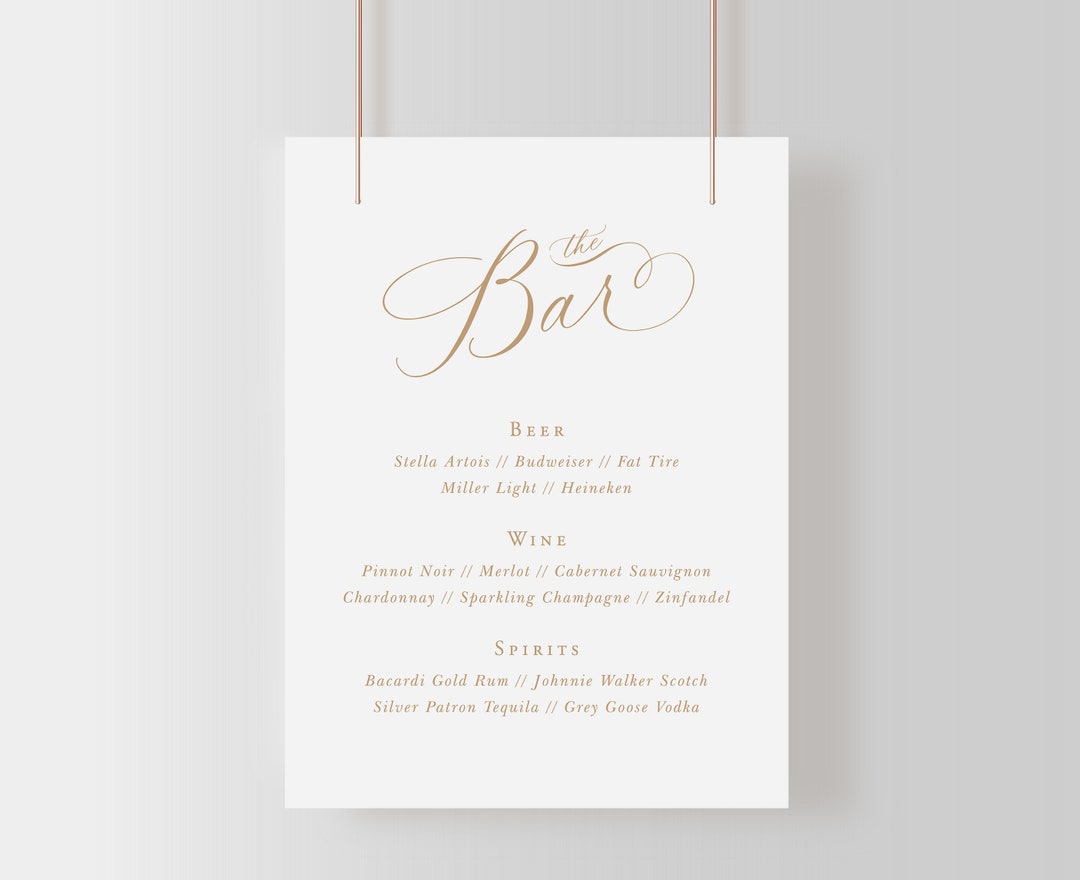 Bar Menu Sign, Printable Calligrapy Wedding Sign Template, Editable ...