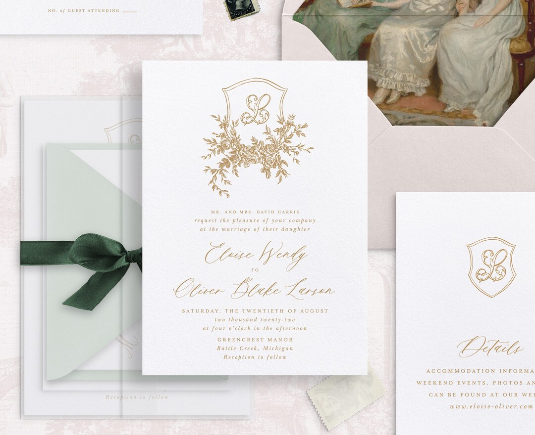 Printable Floral Crest Wedding Invitation Template Set, Editable Romantic Monogram Wedding ...