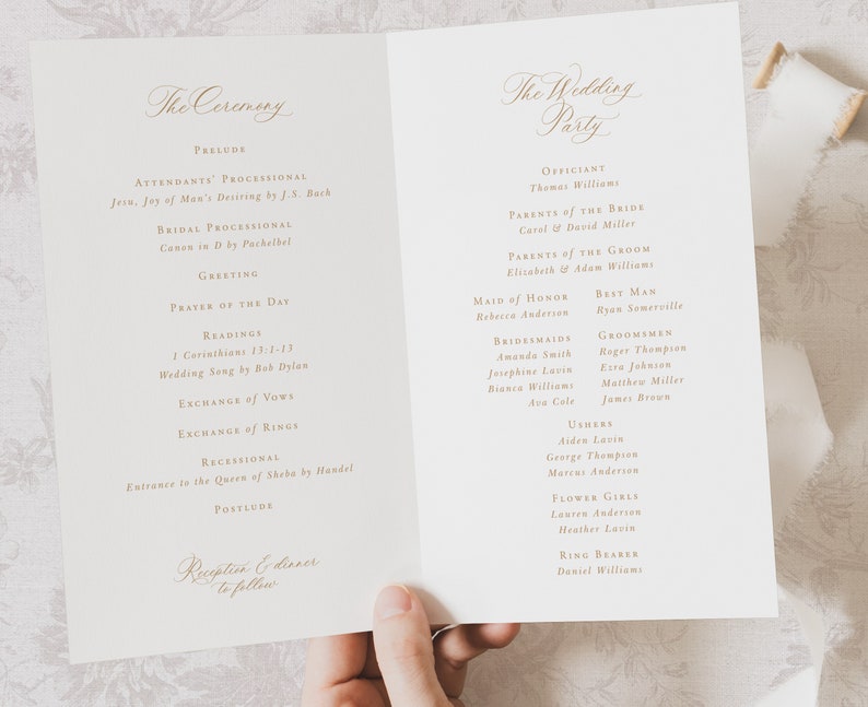 Printable Calligraphy Wedding Program Template in Gold, Editable Elegant Classic Order of ...