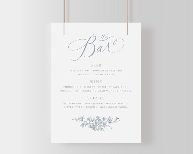 Bar Menu Sign, Printable French Roses Wedding Sign Template With Dusty ...