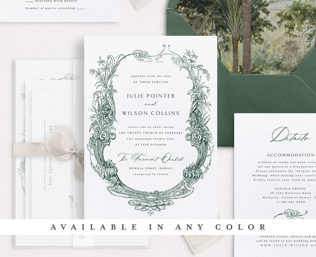 Printable Wedding Invitation Template Set With Tropical Palm Leaves ...