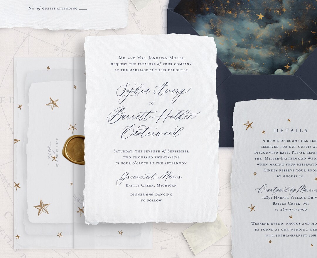 Plantilla de invitación de boda celestial imprimible con estrellas, invitaciones estrelladas ...