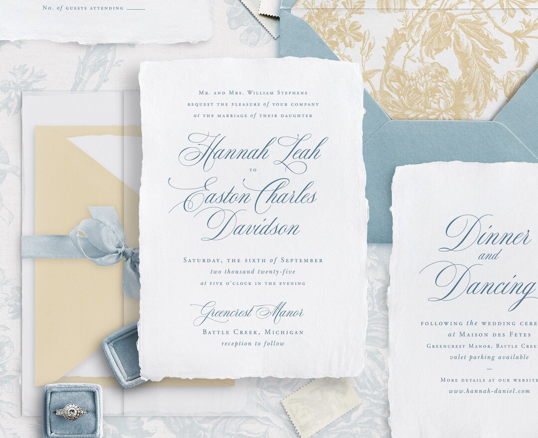 Printable Blue Calligraphy Wedding Invitation Template Set, Editable ...