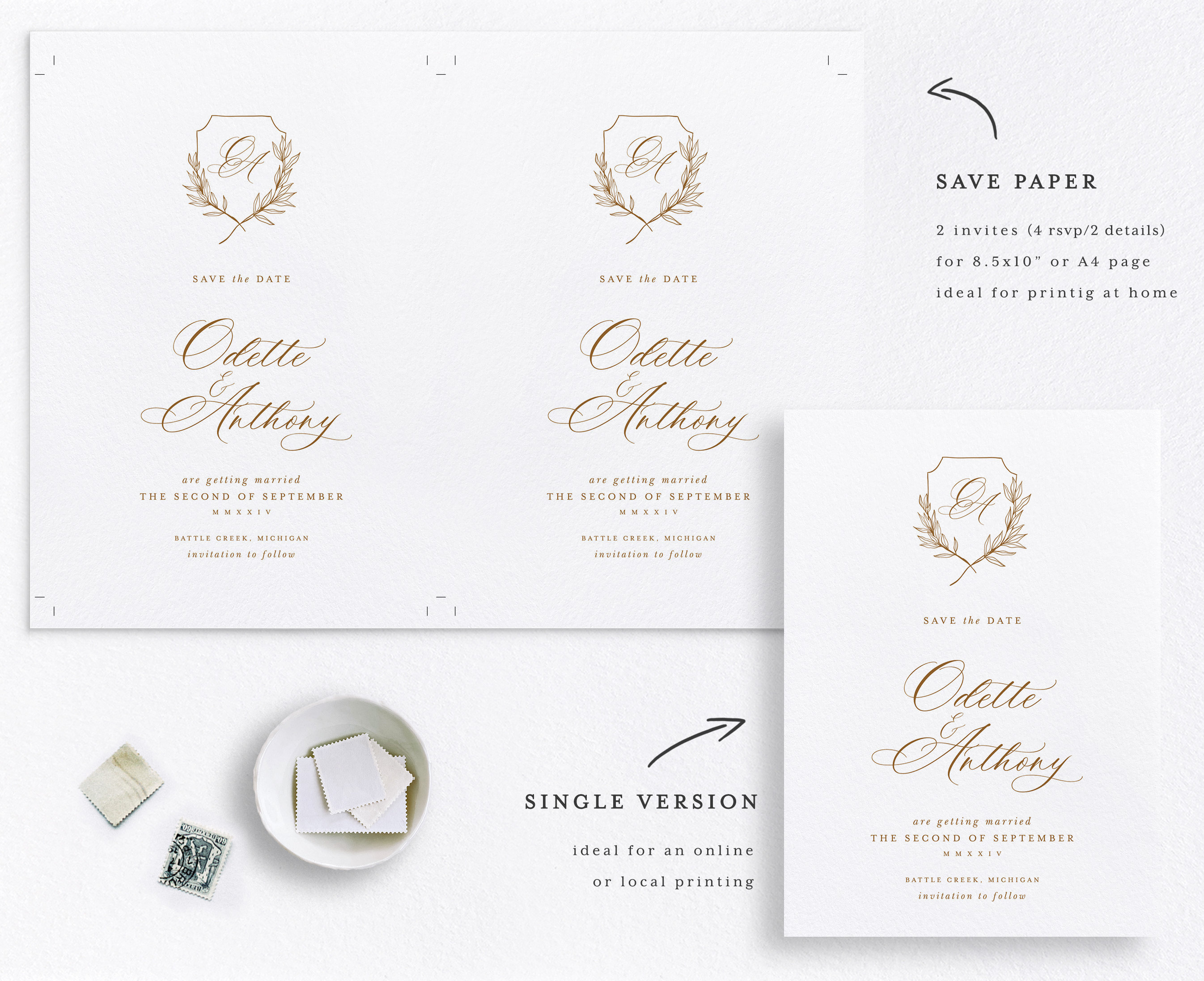 Printable Wedding Save the Date Template in Sage Crest Leaf, Editable ...