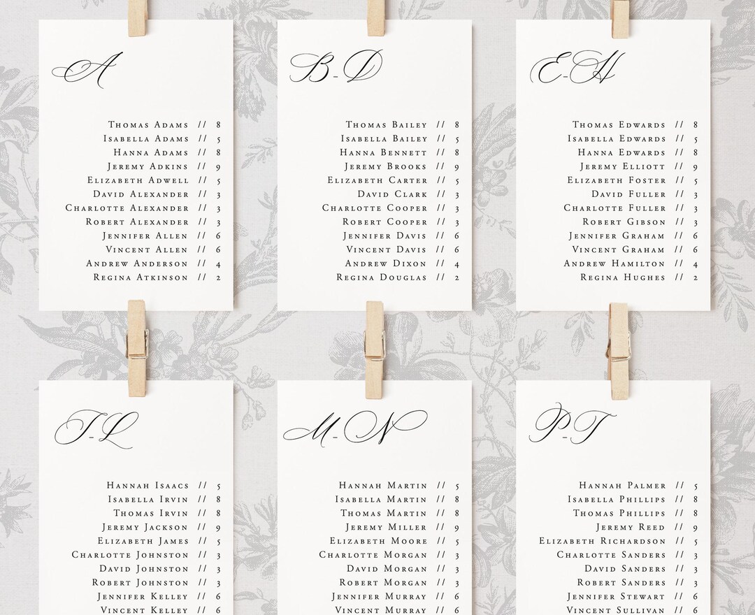 5x7 Alphabetical Seating Chart Template, Printable Calligraphy Seating ...