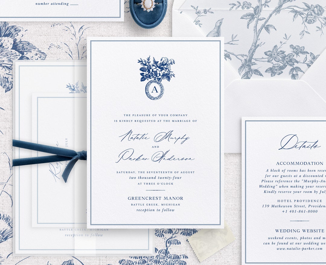 Printable Wedding Invitation Template Set in Blue and White, Editable ...