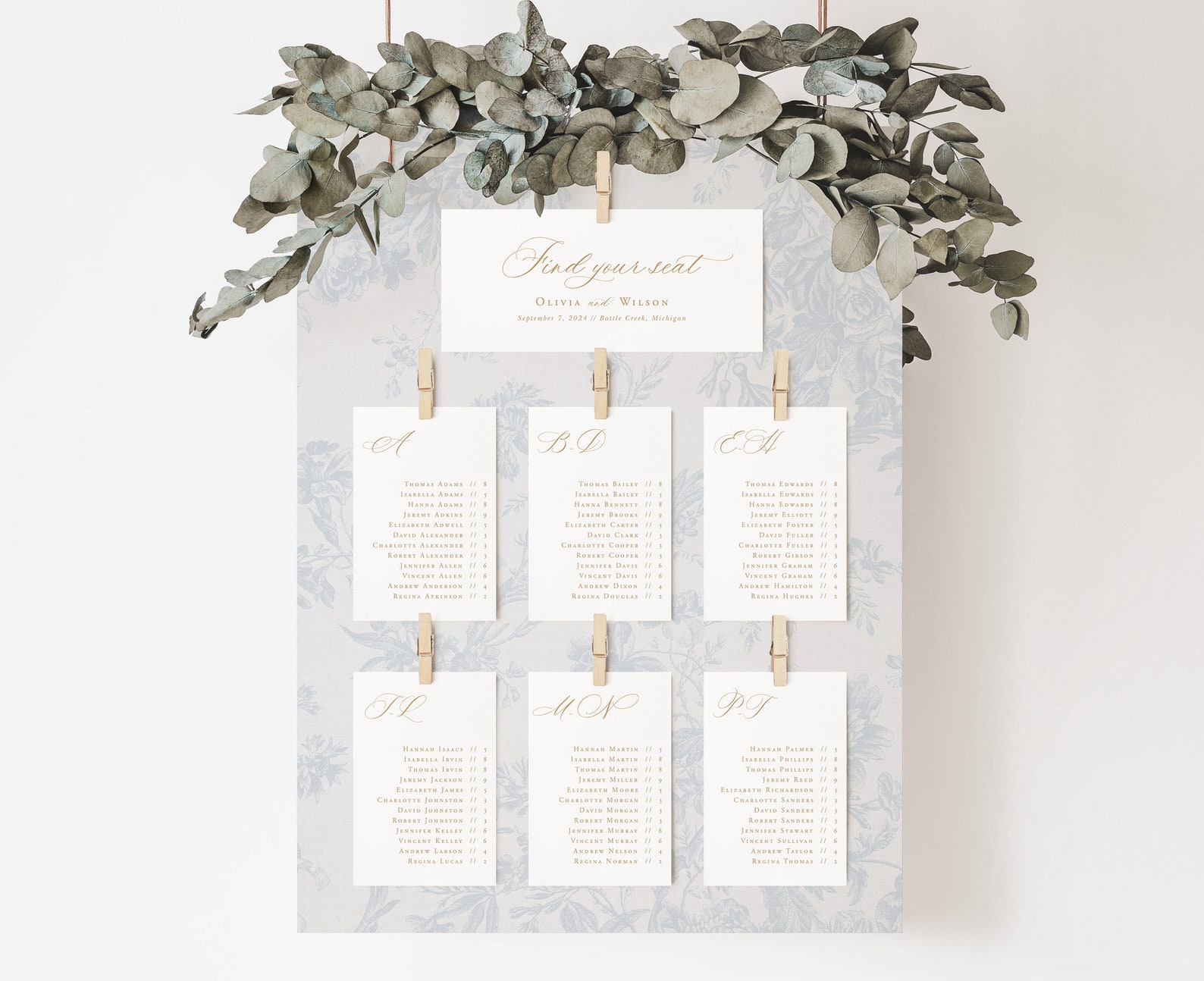5x7 Alphabetical Seating Chart Template, Printable Calligraphy Seating ...