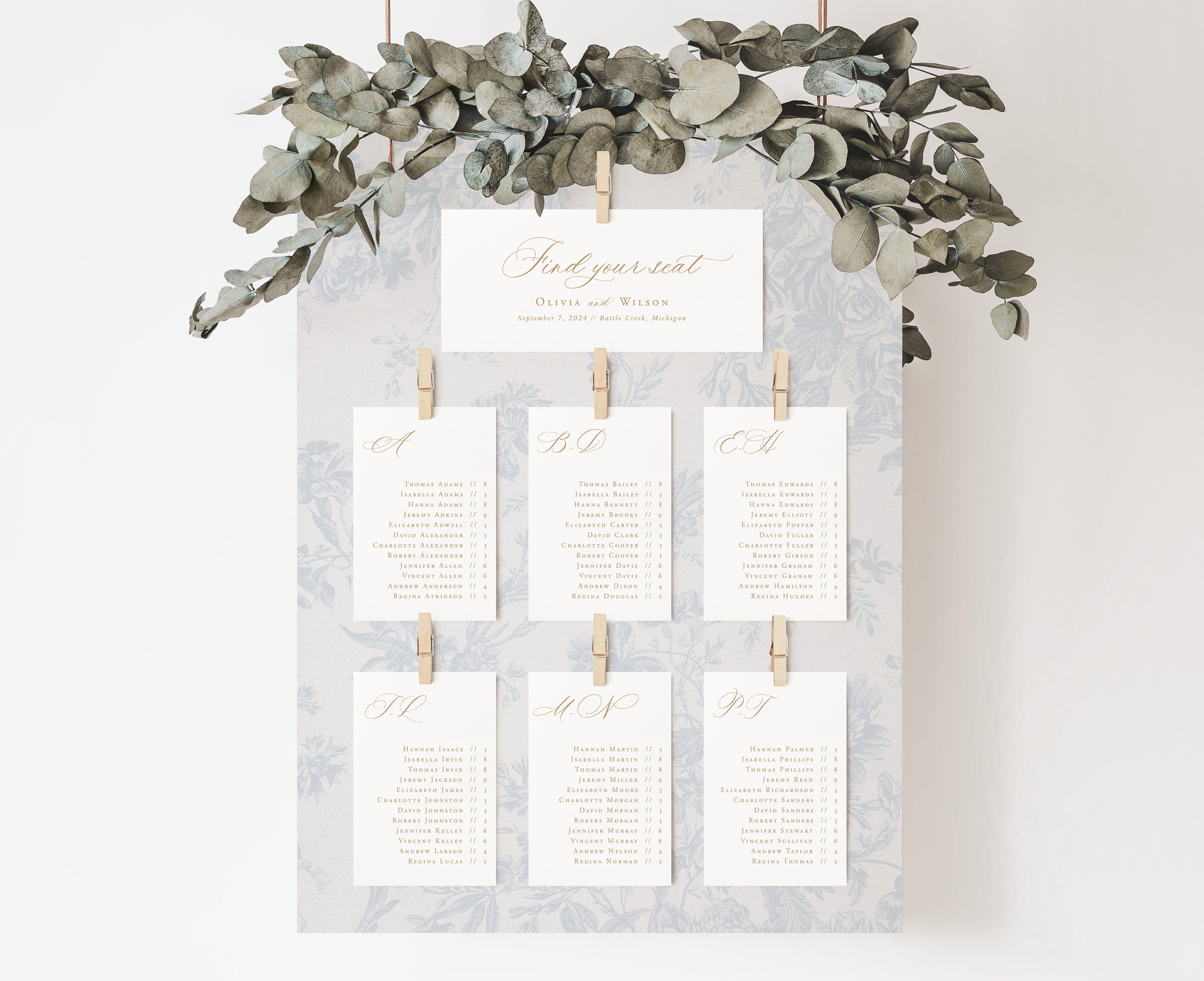 5x7 Alphabetical Seating Chart Template, Printable Calligraphy Seating ...