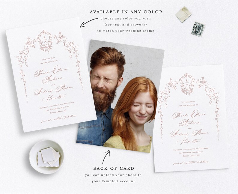Printable Wedding Save the Date Template With Tiny Floral Frame & Crest ...