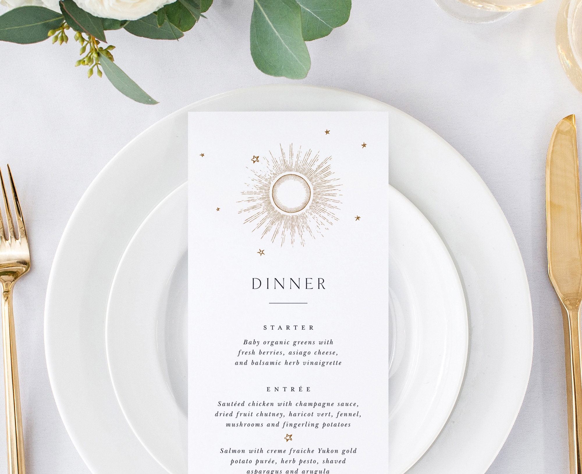 Printable Vintage Celestial Wedding Menu Card Template With Gold Moon ...