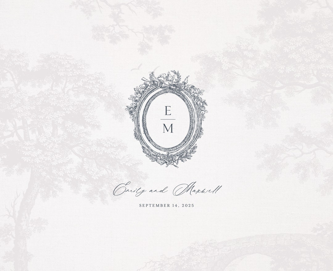 Love Birds Vintage Wedding Monogram Crest, Floral Line Art Wedding ...