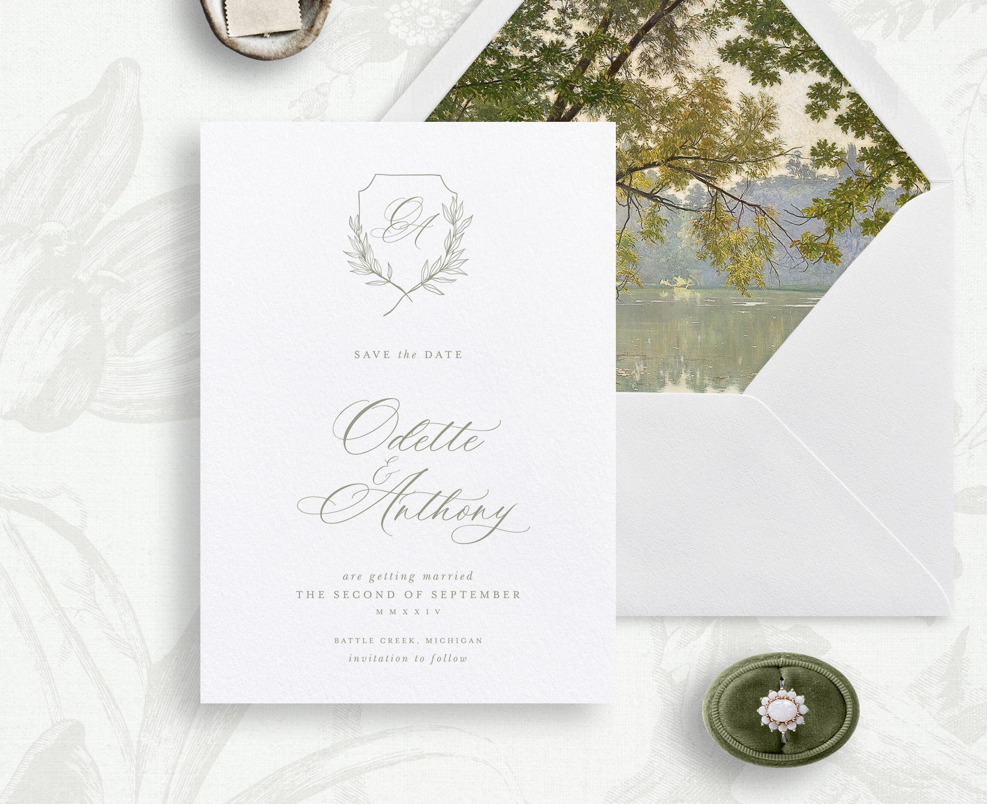 Printable Wedding Save the Date Template in Sage Crest Leaf, Editable ...