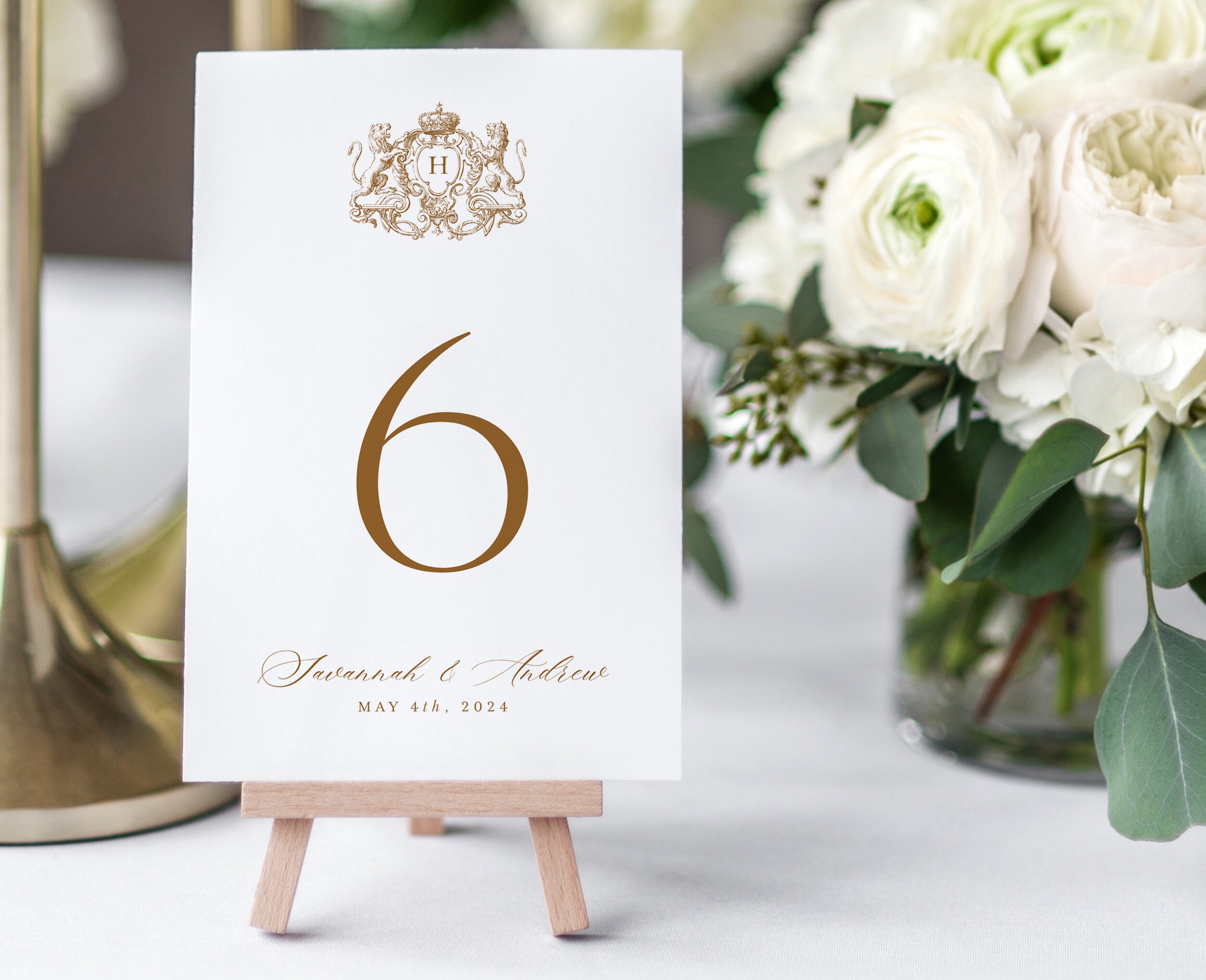 Printable Wedding Table Numbers Template With Golden Royal Crest ...