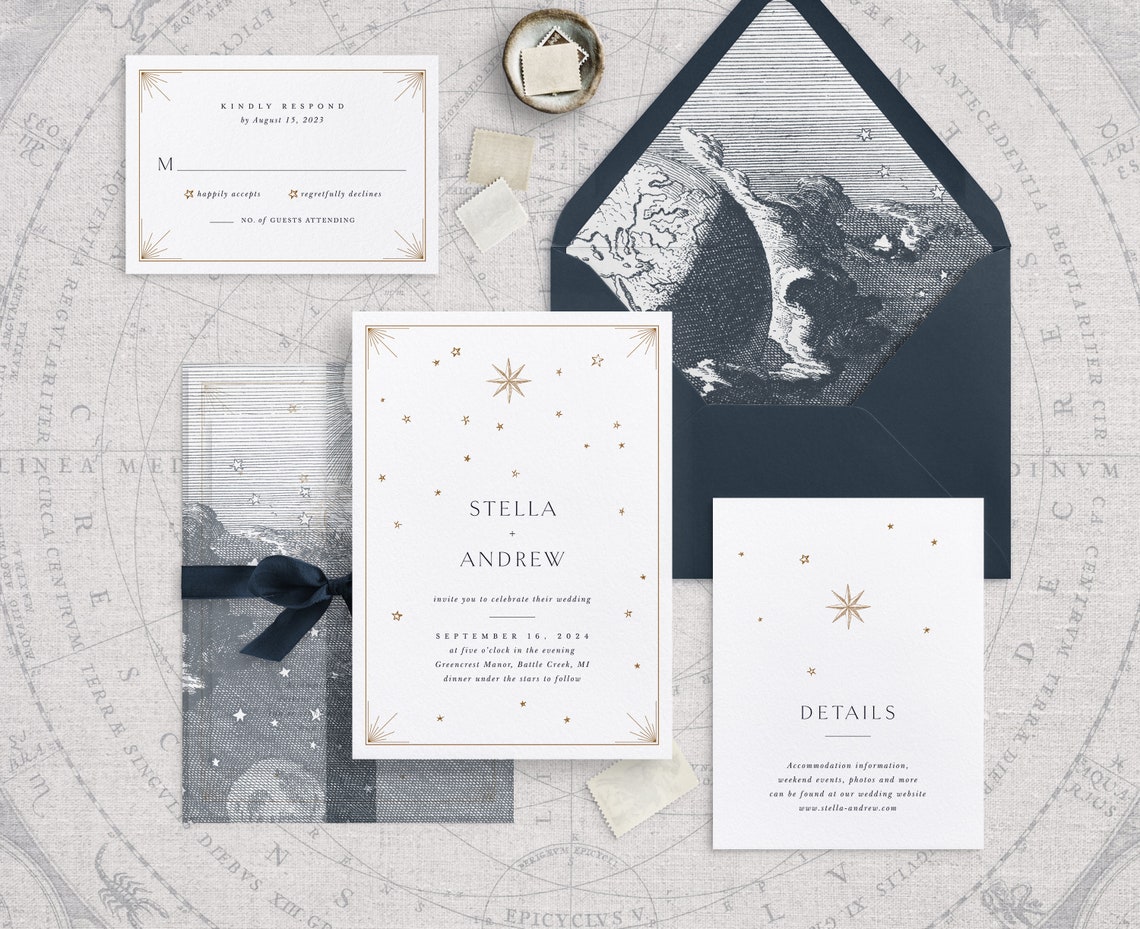 Printable Vintage Celestial Wedding Invitation Template Set With Moon ...