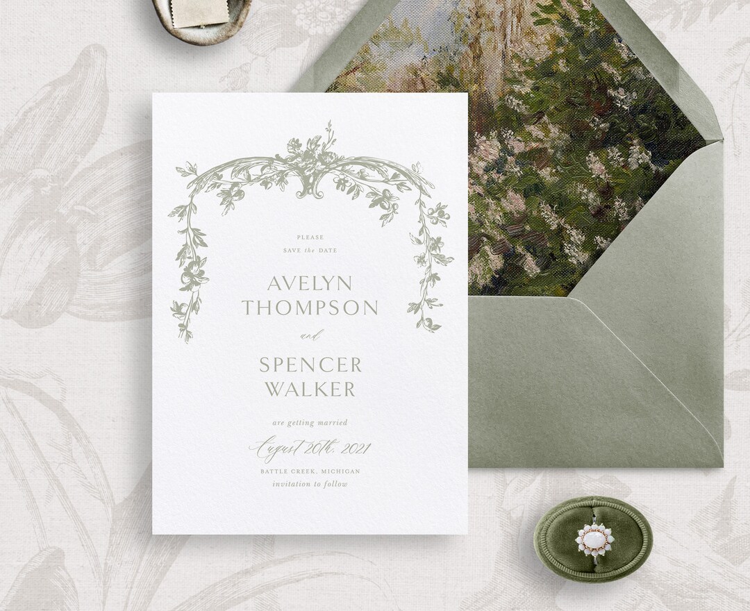 Printable Wedding Save the Date Template in French Sage Ornaments ...