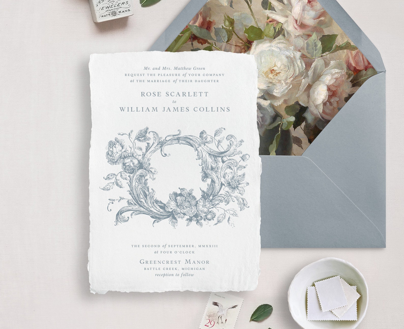 French Floral Ornament Wedding Invites, Elegant Printable Wedding ...