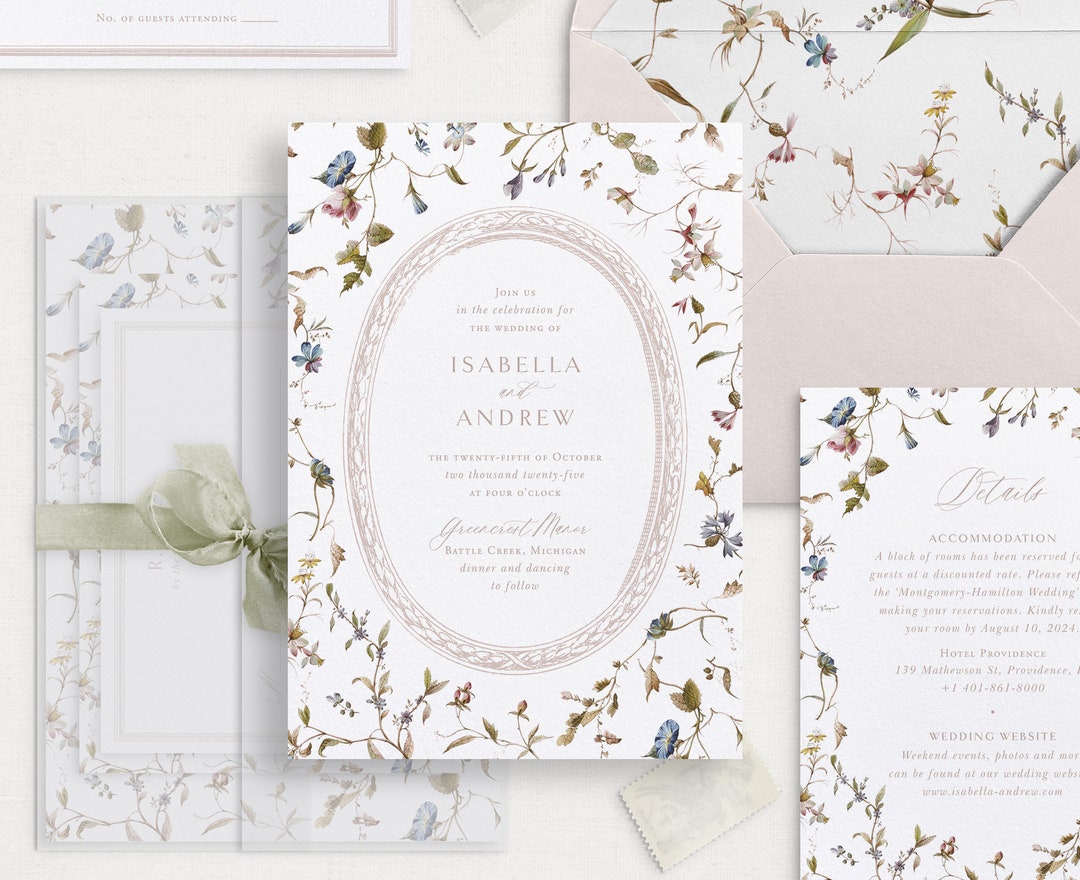 Printable Small Floral Wedding Invitation Template Set With Antique ...