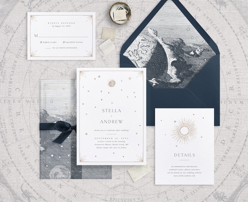 Printable Vintage Celestial Wedding Invitation Template Set - Etsy