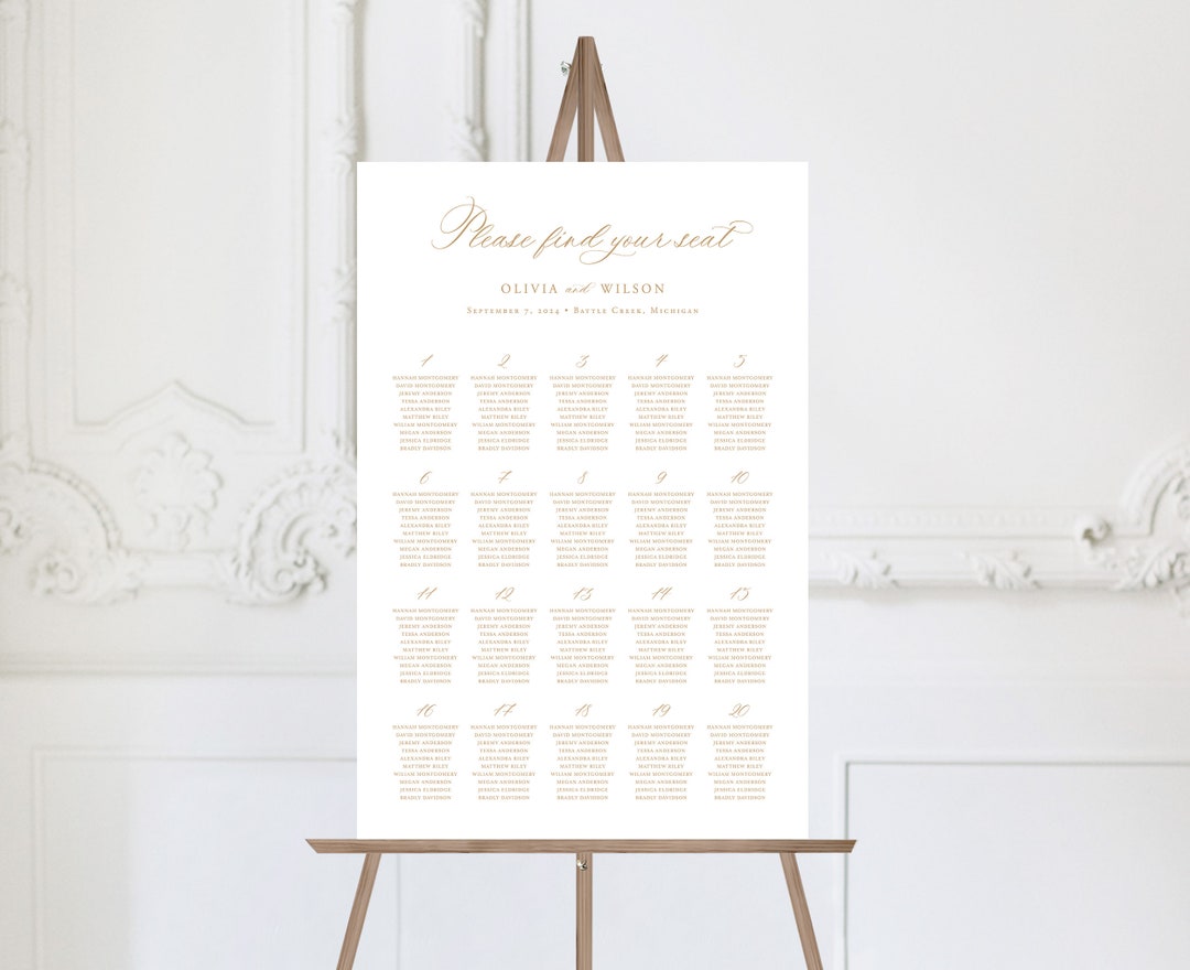 Printable Calligraphy Wedding Seating Chart Template in Gold, Editable ...