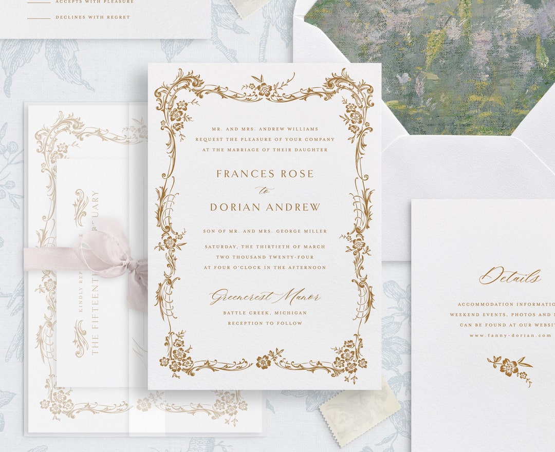 Printable Wedding Invitation Template Set With Gold Filigree Frame ...