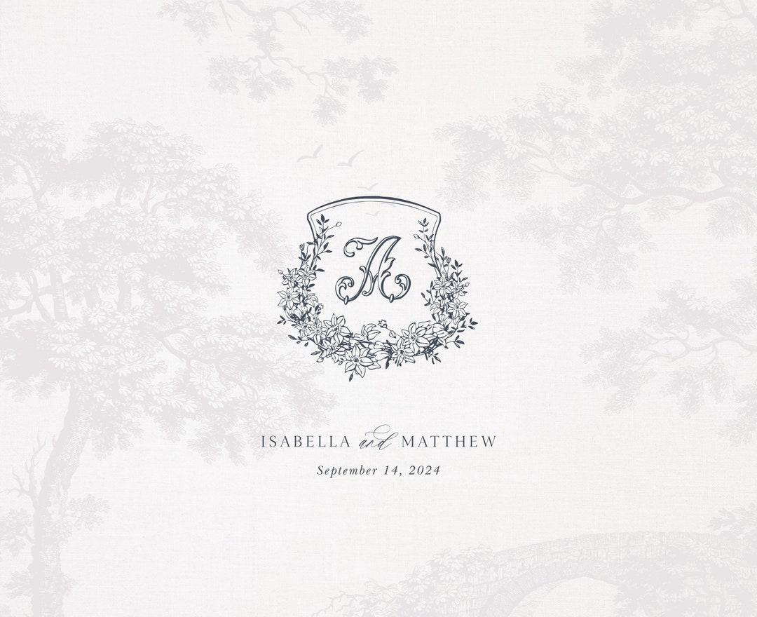 Floral Vintage Wedding Monogram Crest, Line Art Wedding Crest - Etsy