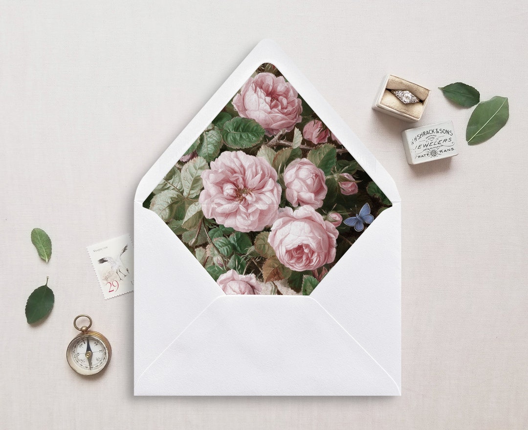 Printable Pink Rose Envelope Liner, Floral Wedding Envelope Liners, DIY ...