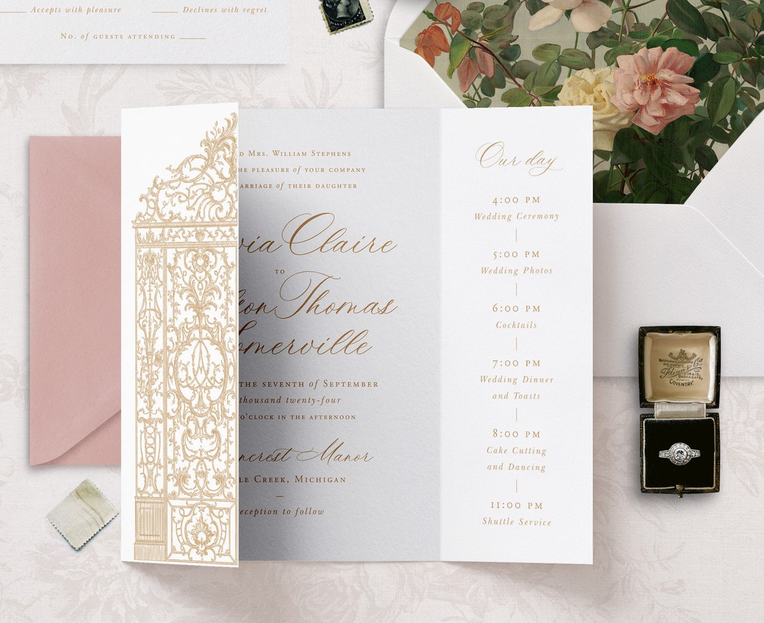 Romantic Gate-fold Wedding Invitation Template With Baroque Garden Gate ...