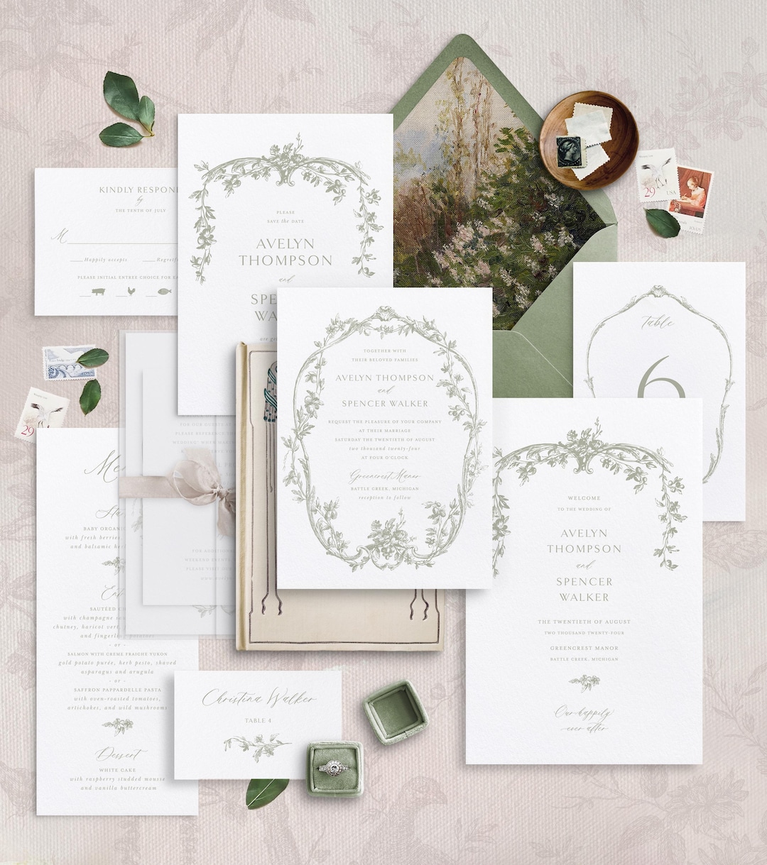 French Ornate Wedding Invitation Bundle | Elegant Sage Green Editable ...
