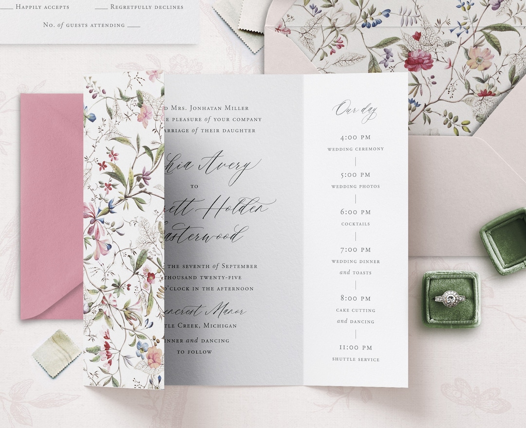 Romantic Gate-fold Wedding Invitation Template With Summer Floral ...