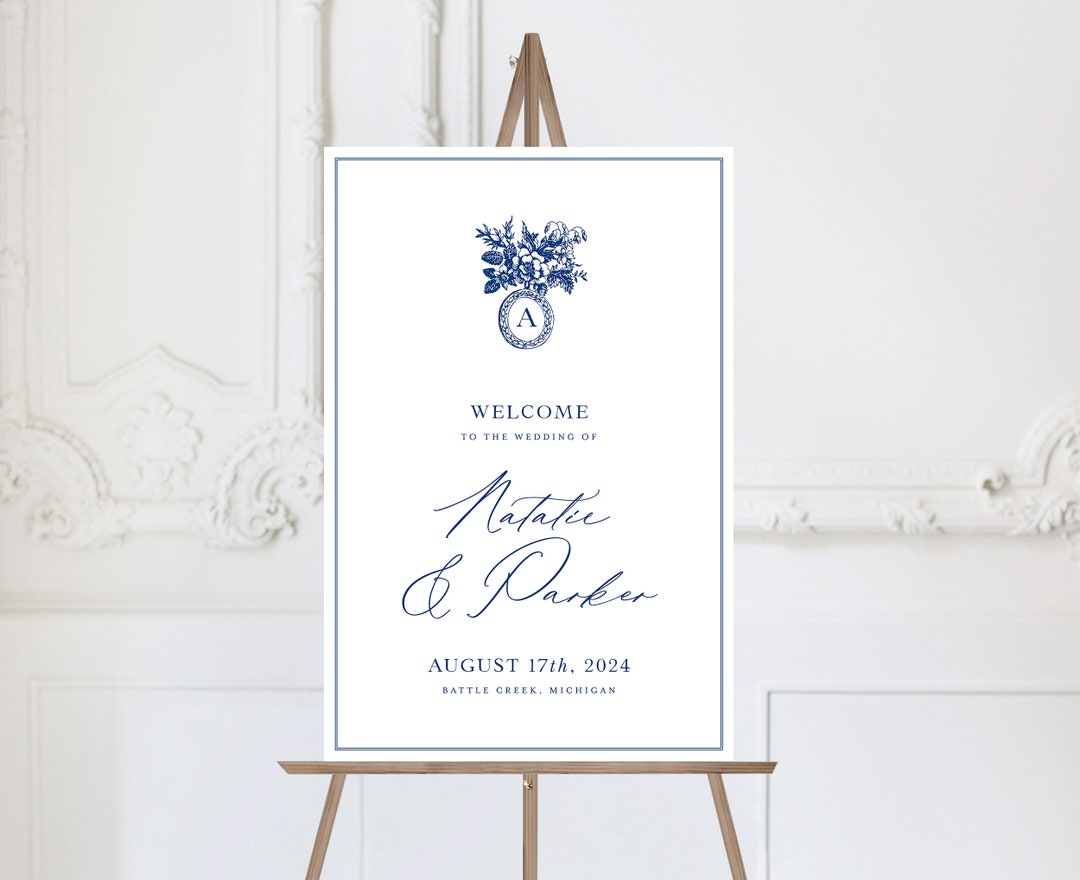Printable Blue and White Monogram Wedding Welcome Sign Template With ...