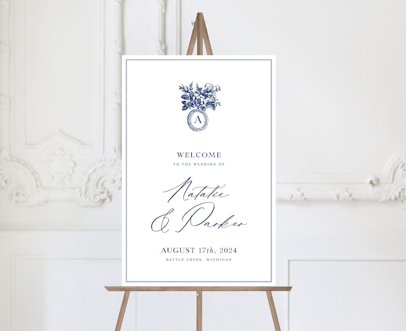 Printable Blue and White Monogram Wedding Welcome Sign - Etsy
