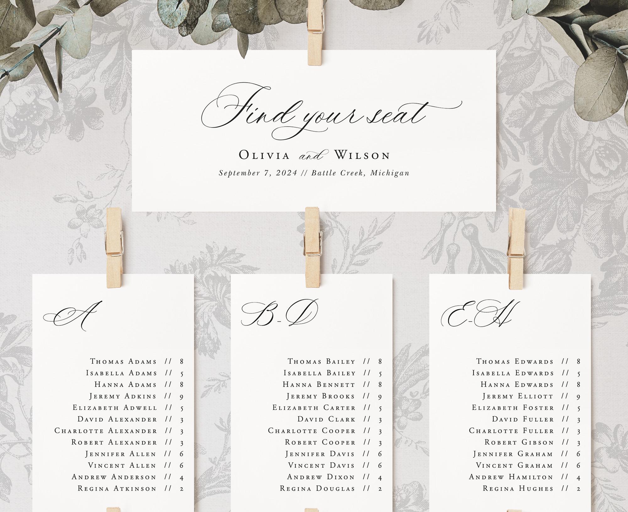 5x7 Alphabetical Seating Chart Template, Printable Calligraphy Seating ...