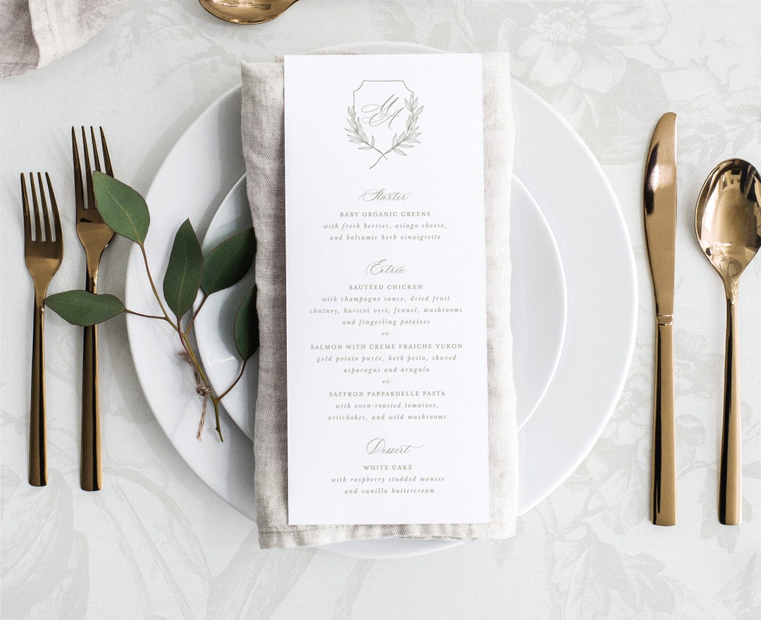 Printable Wedding Menu Card Template With Sage Crest Leaf, Editable ...