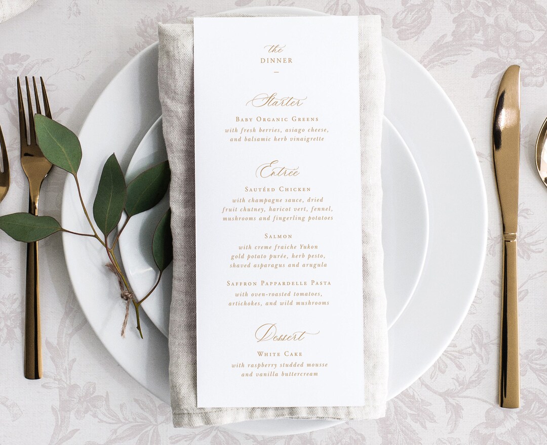 Printable Wedding Menu Card Template With Gold Calligraphy, Editable ...