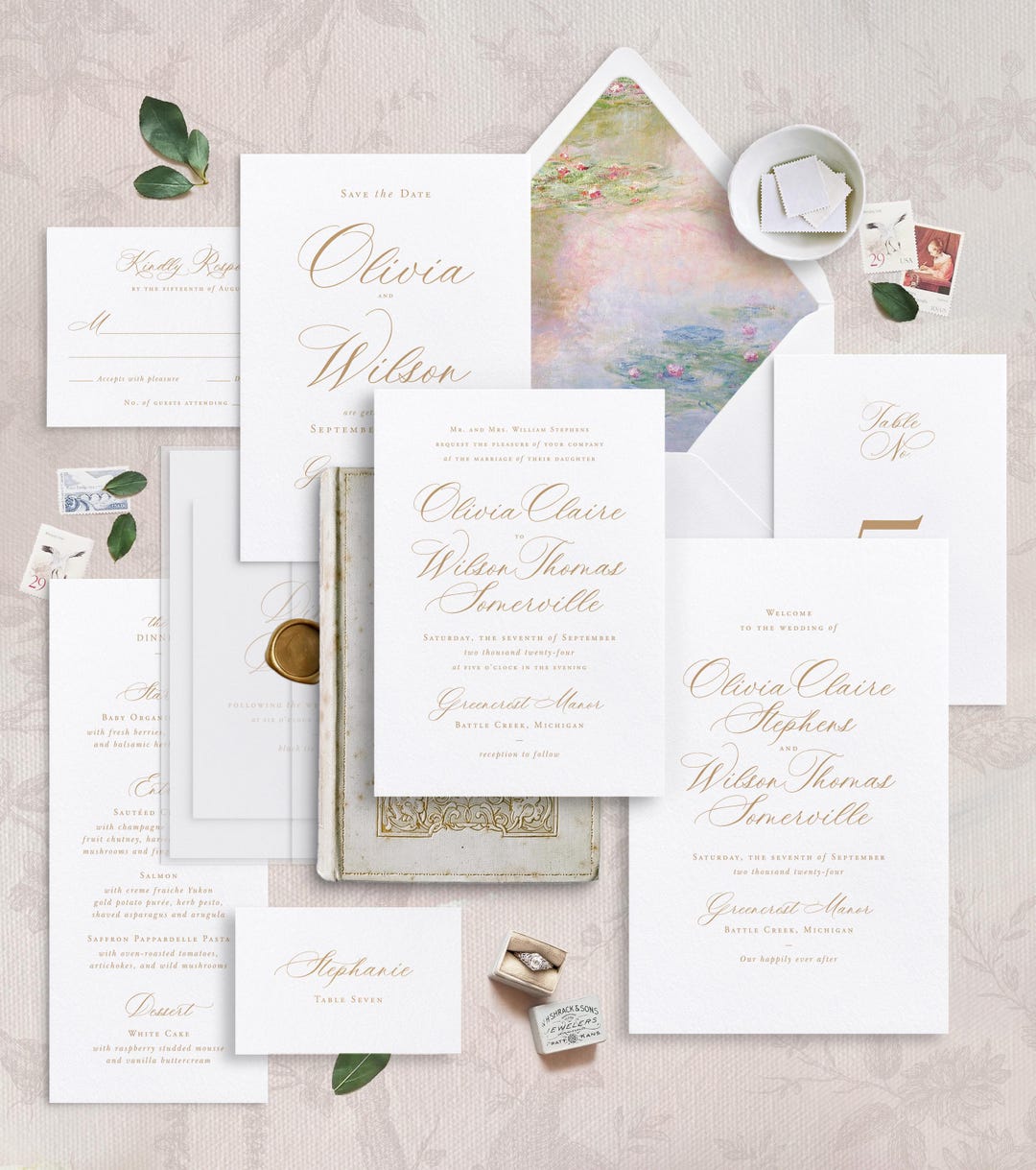 Elegant Gold Calligraphy Wedding Invitation Bundle | Minimalist Classic ...