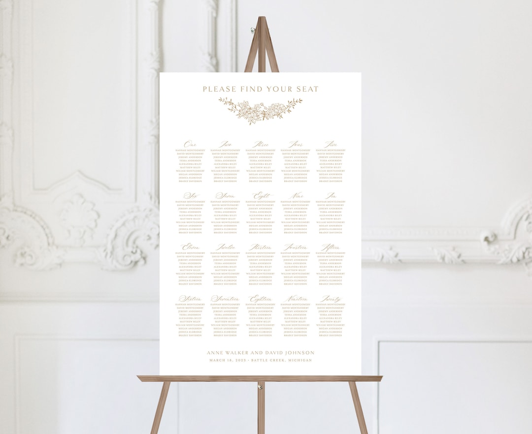 Printable Wedding Seating Chart Template With Gold Floral Wreath ...