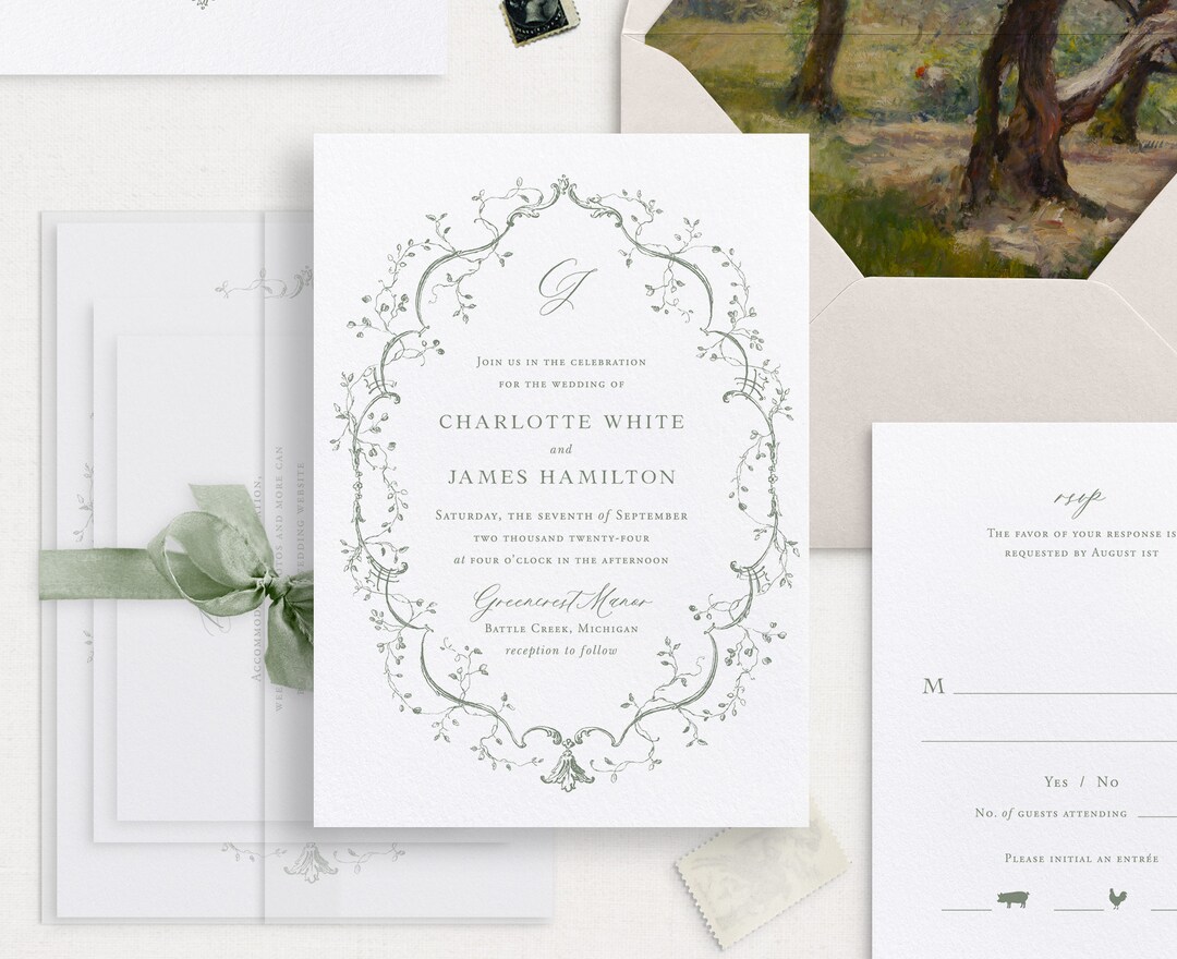Delicate Leafy Frame Wedding Invites, Elegant Printable Wedding ...