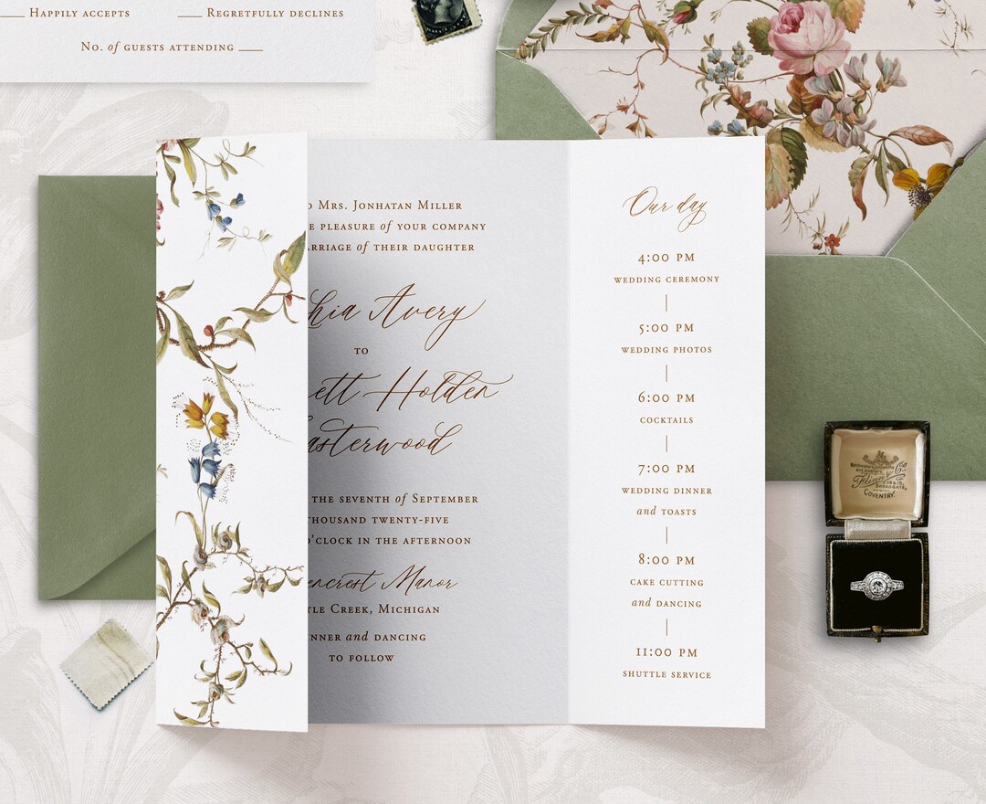 Romantic Gate-fold Wedding Invitation Template With Autumn Floral ...