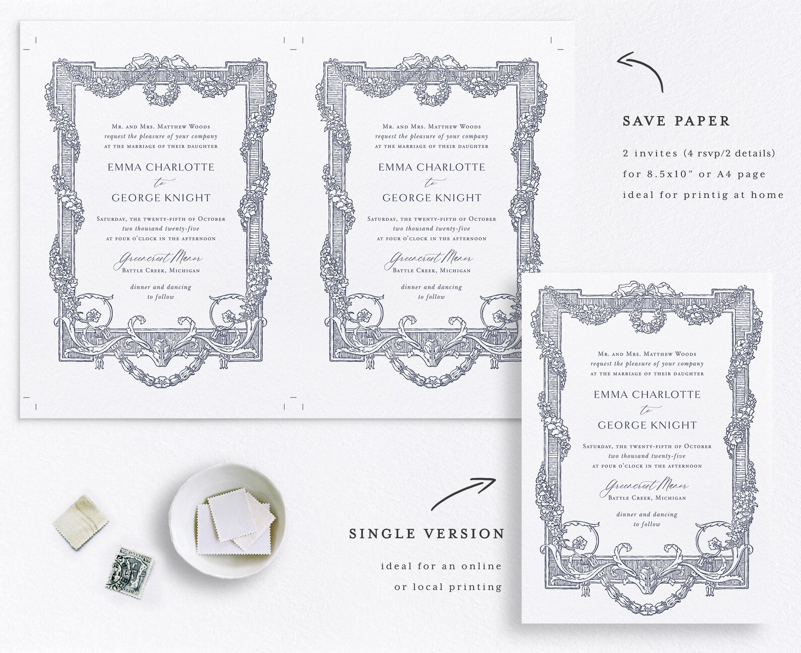 Printable Vintage Floral Frame Wedding Invitation Template Set ...