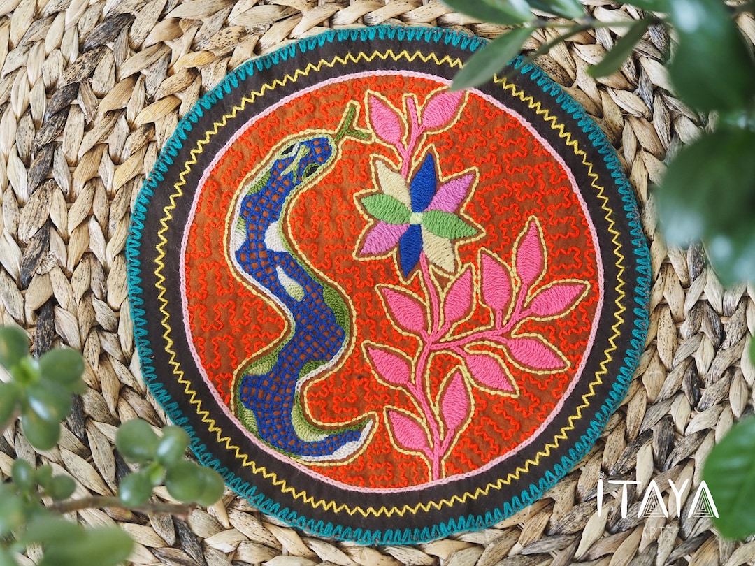 Amazon River Snake & Orange Kené Shipibo Konibo Handmade Textile 26 Cm ...