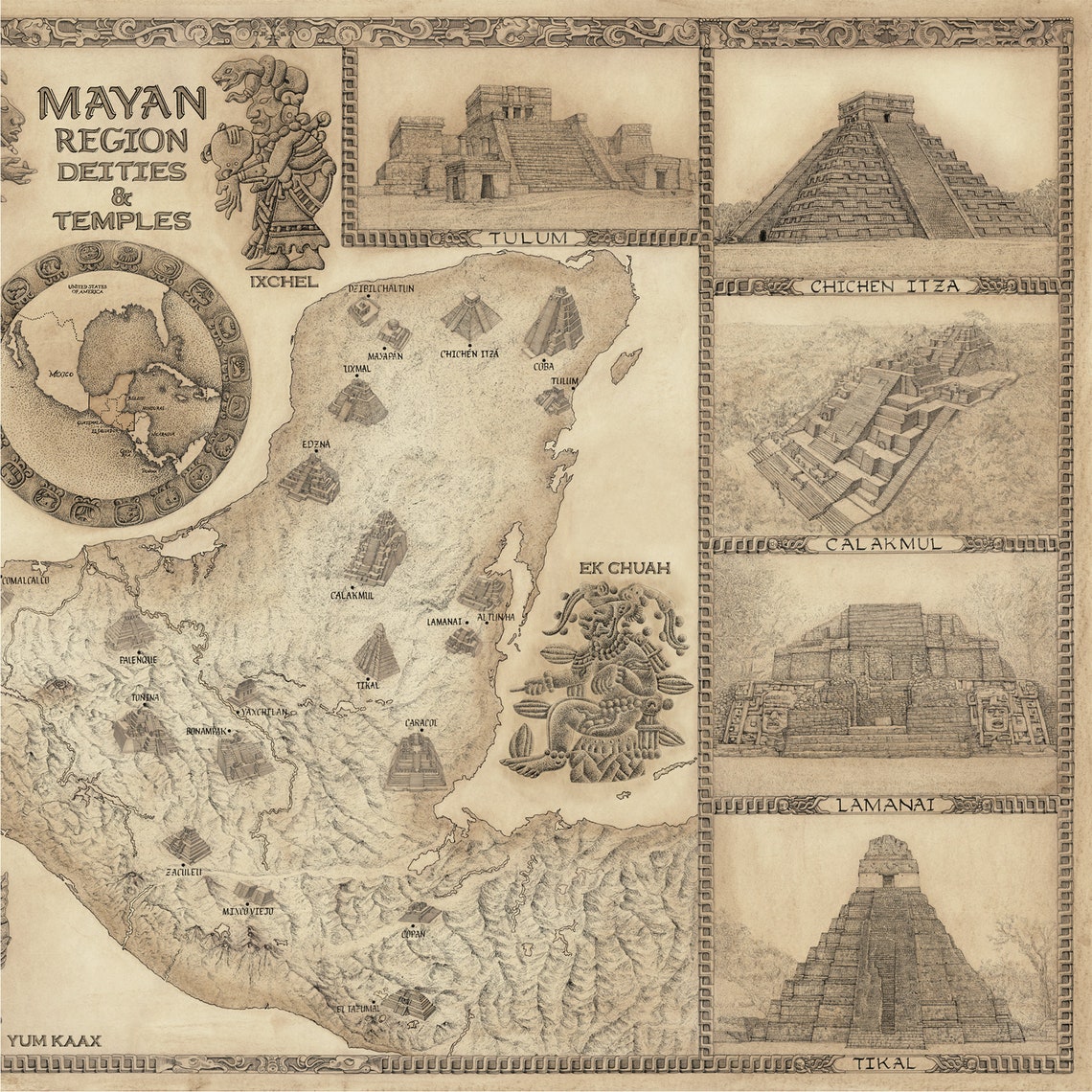 MAYA REGION MAP. Explore Mayan Gods and Temples With Our | Etsy