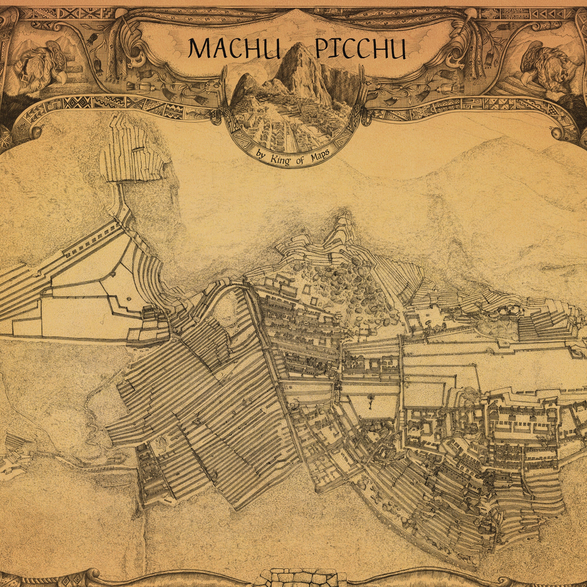 Machu Picchu Cartographic Plan – Hand‑Drawn Art Print – Classic Map ...